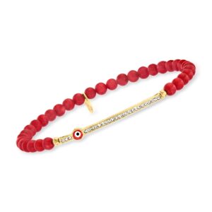 ross-simons 4mm simulated red coral bead and .10 ct. t.w. cz evil eye stretch bracelet with enamel in 18kt gold over sterling