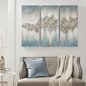 madison park wall art living room décor - embellished hand painted canvas, home accent glitter abstract bathroom decoration ready to hang painting for bedroom, 15" w x 35" h x 1.5" d, blue 3 piece