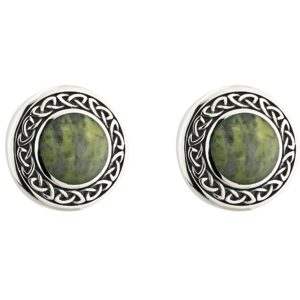 biddy murphy, irish connemara marble round stud earrings sterling silver for women, traditional woven celtic knot, made in ireland by artisan jewelers