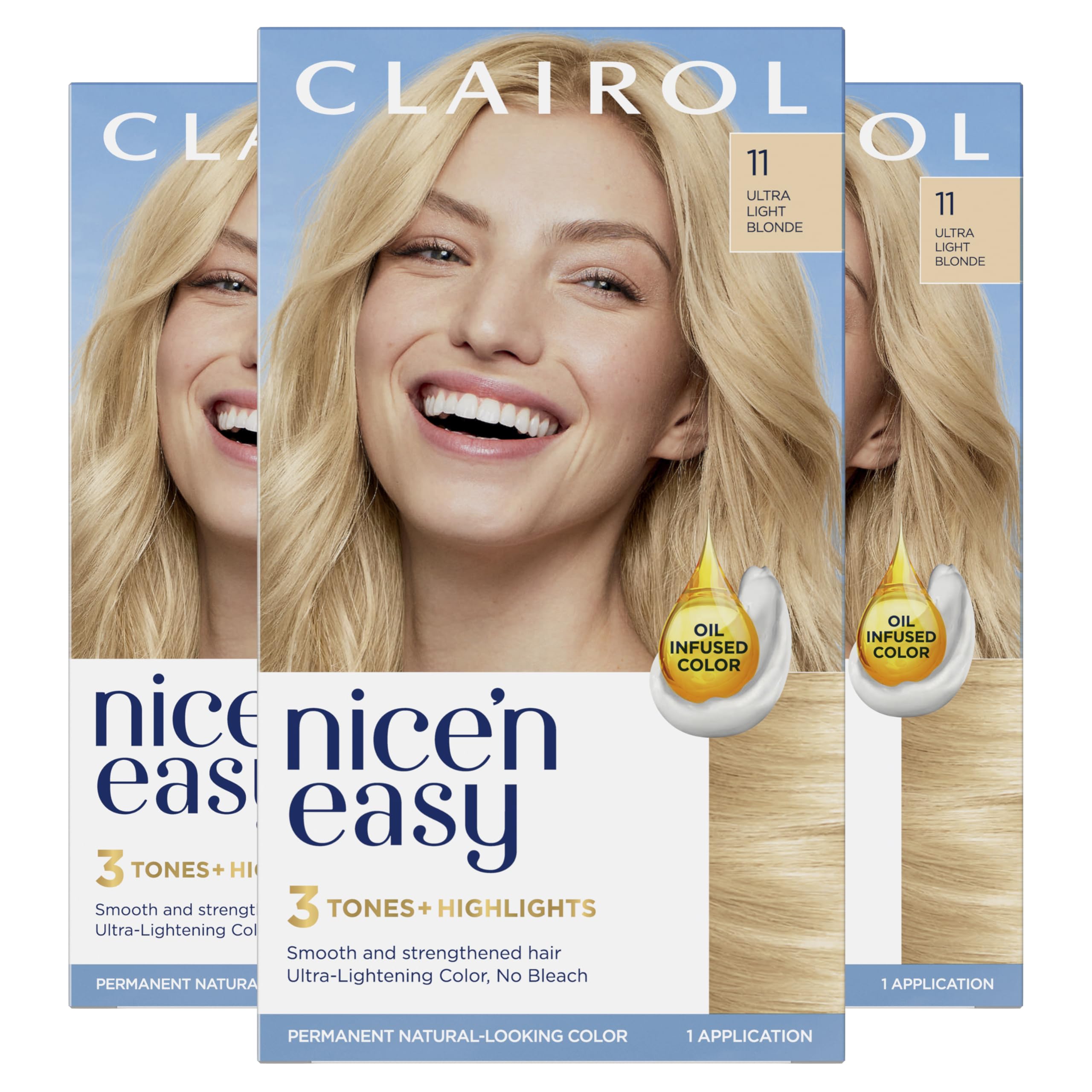 Clairol Nice'n Easy Permanent Hair Dye, 11 Ultra Light Blonde Hair Color, Pack of 3