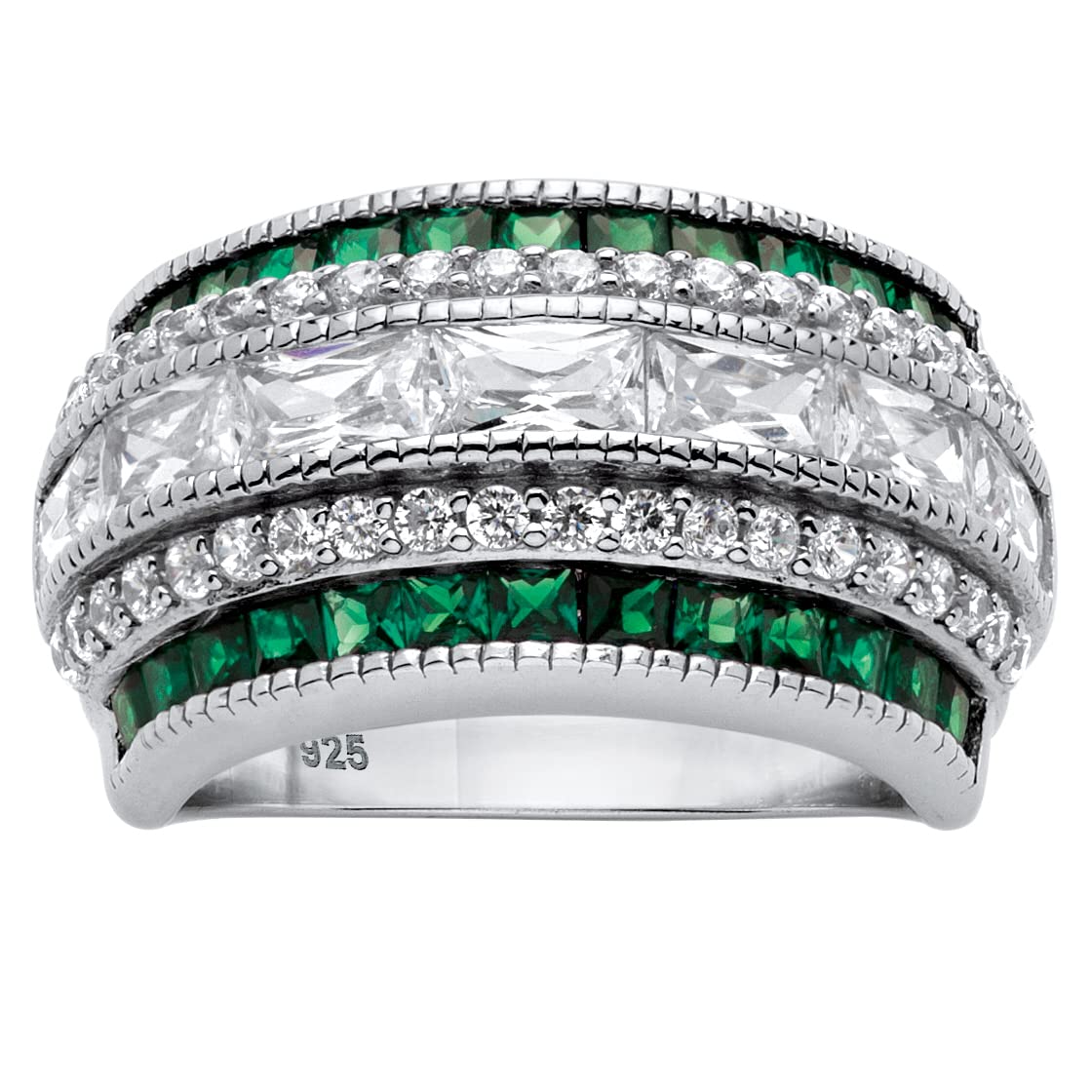 PalmBeach Platinum-Plated Sterling Silver Emerald Cut Cubic Zirconia and Simulated Princess Green Emerald or Blue Sapphire Anniversary Ring Size 8