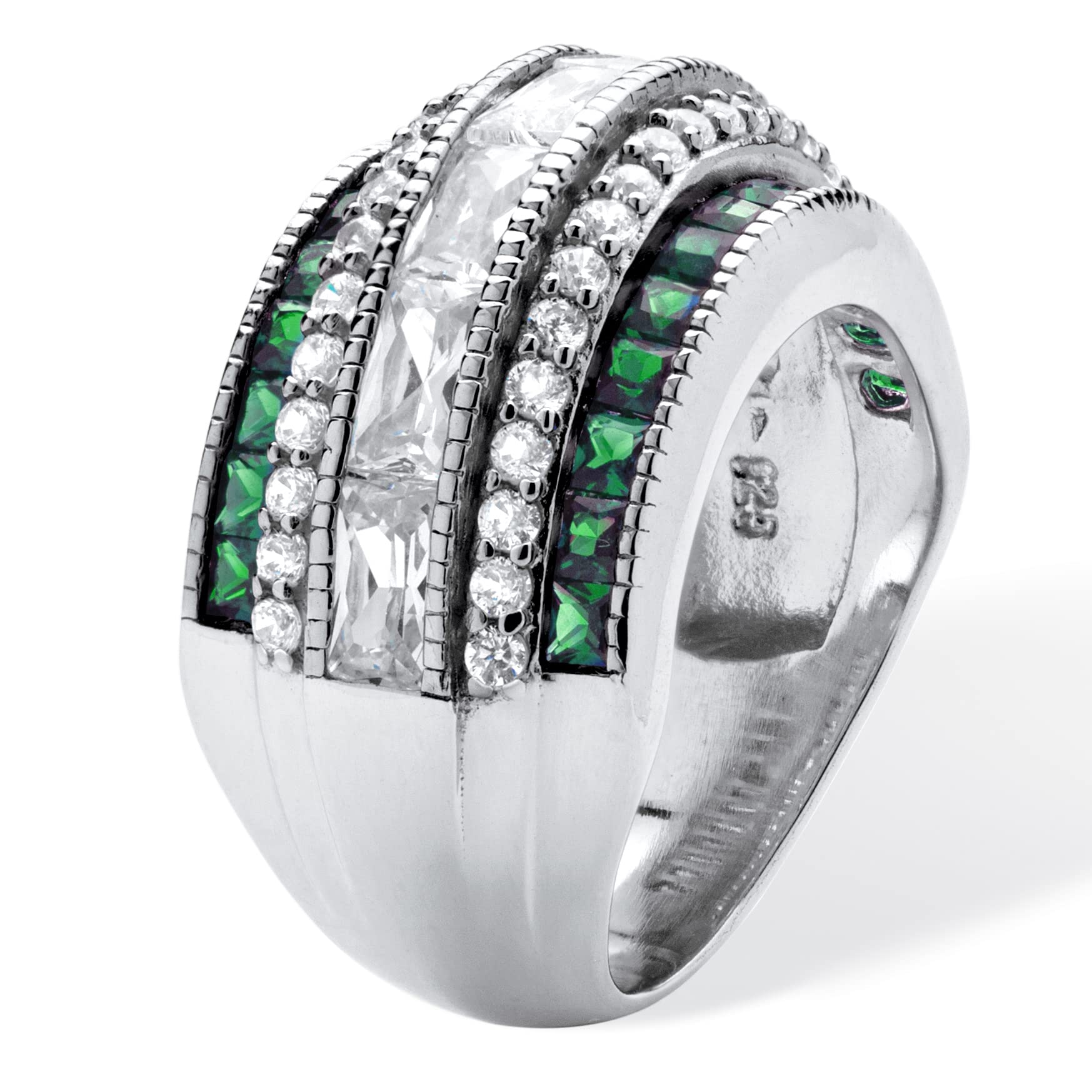 PalmBeach Platinum-Plated Sterling Silver Emerald Cut Cubic Zirconia and Simulated Princess Green Emerald or Blue Sapphire Anniversary Ring Size 8