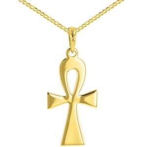 jewelry america solid 14k yellow gold egyptian ankh cross pendant necklace with concave curb chain necklace, 18"