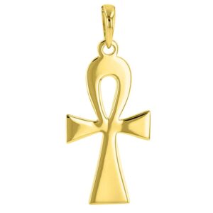 Jewelry America Solid 14K Yellow Gold Egyptian Ankh Cross Pendant Necklace with Concave Curb Chain Necklace, 18"