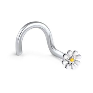 316L Surgical Steel, Rhodium Plated Brass Right Nostril Screw Nose Ring Daisy Flower 20G