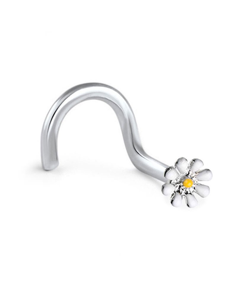 316L Surgical Steel, Rhodium Plated Brass Right Nostril Screw Nose Ring Daisy Flower 20G