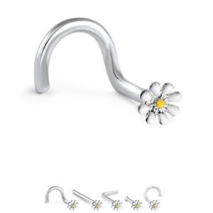 316L Surgical Steel, Rhodium Plated Brass Right Nostril Screw Nose Ring Daisy Flower 20G