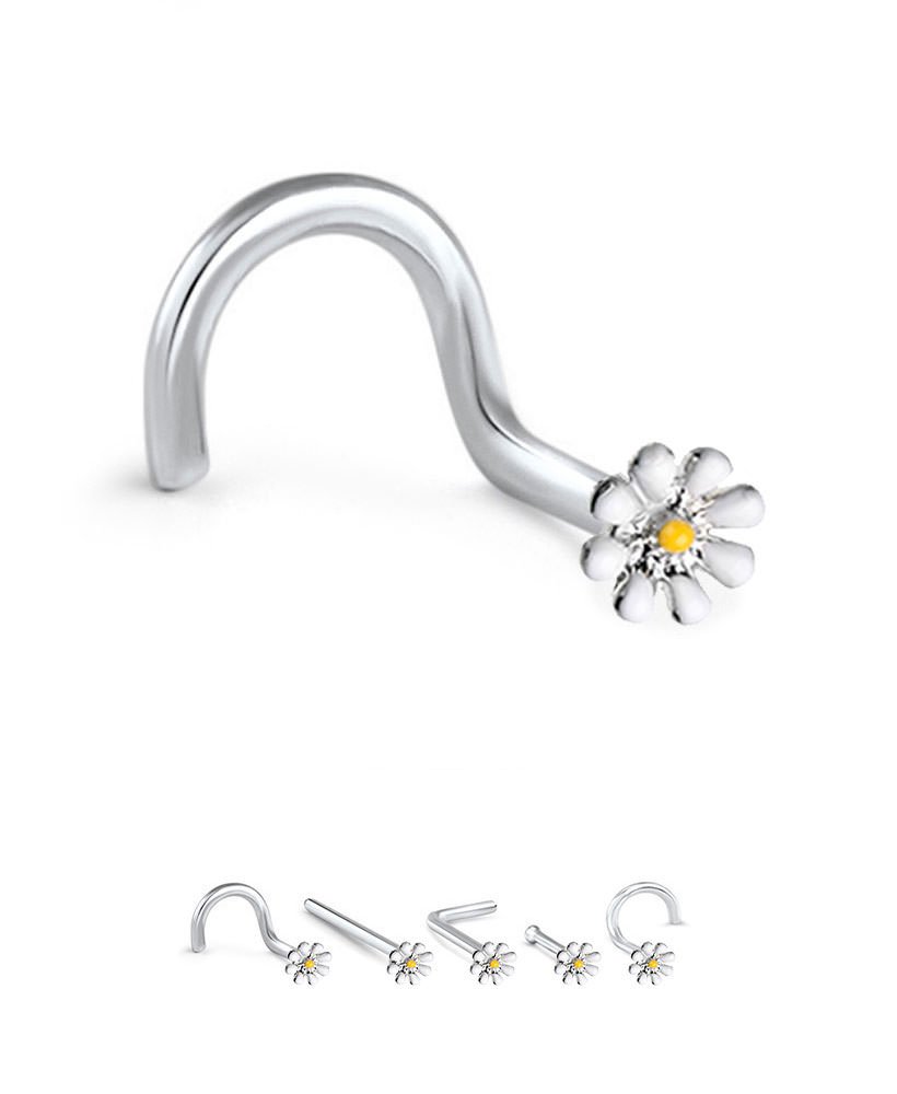 316L Surgical Steel, Rhodium Plated Brass Right Nostril Screw Nose Ring Daisy Flower 20G