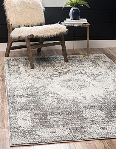 Unique Loom Rosso Collection Traditional, Vintage, Medallion, Border, Distressed, Southwestern Area Rug, 8 ft x 10 ft, Gray/Ivory