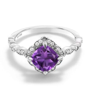 Gem Stone King 925 Sterling Silver Purple Amethyst and Moissanite Solitaire Ring For Women (1.74 Cttw, Cushion Cut 7MM, Gemstone, Available in Size 5, 6, 7, 8, 9)