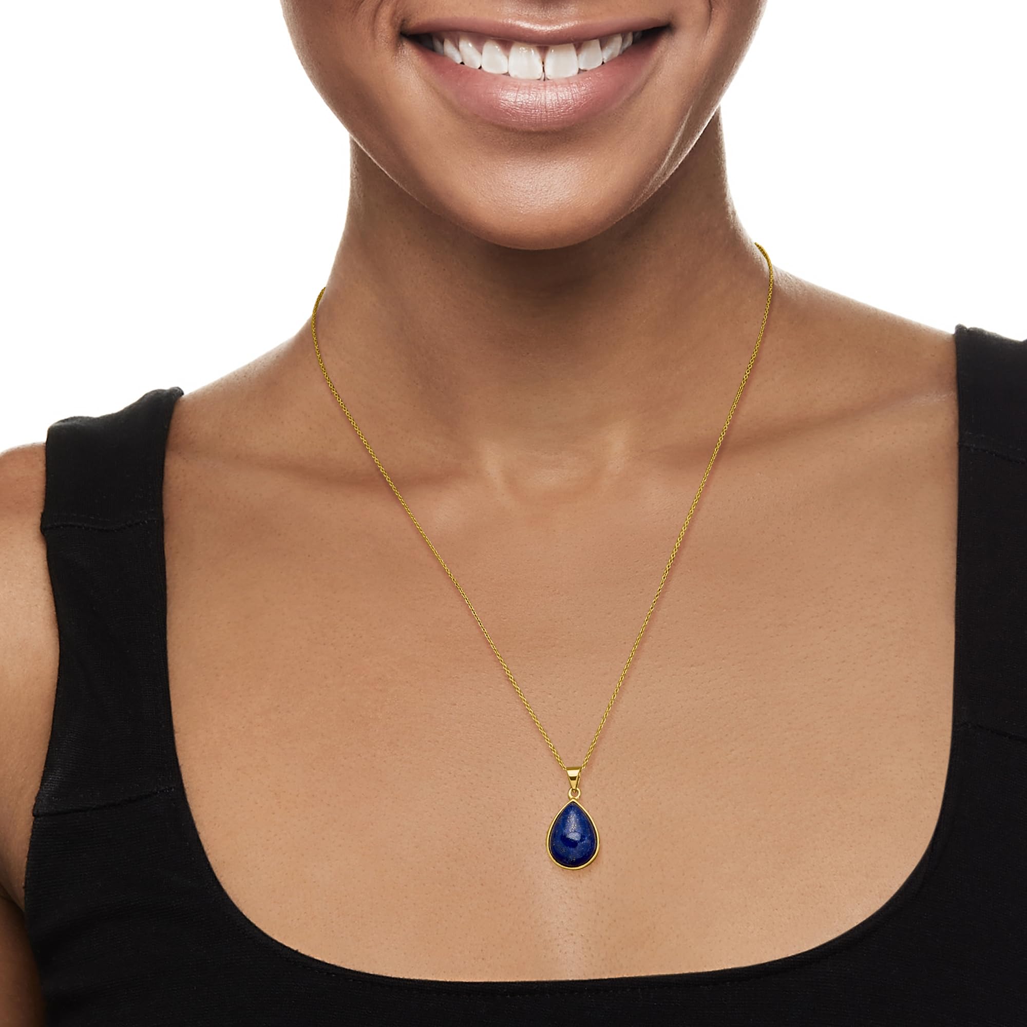 Ross-Simons Pear-Shaped Lapis Cabochon Pendant Necklace in 18kt Gold Over Sterling. 18 inches