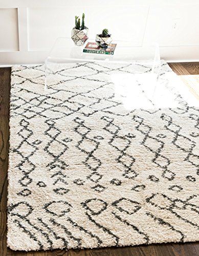 Unique Loom Rabat Shag Collection Area Rug - Geometric (9' x 12' Rectangle, Pure Ivory/ Gray)