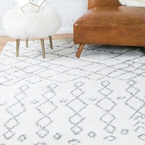 Unique Loom Rabat Shag Collection Area Rug - Geometric (9' x 12' Rectangle, Pure Ivory/ Gray)