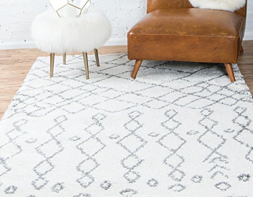 Unique Loom Rabat Shag Collection Area Rug - Geometric (9' x 12' Rectangle, Pure Ivory/ Gray)