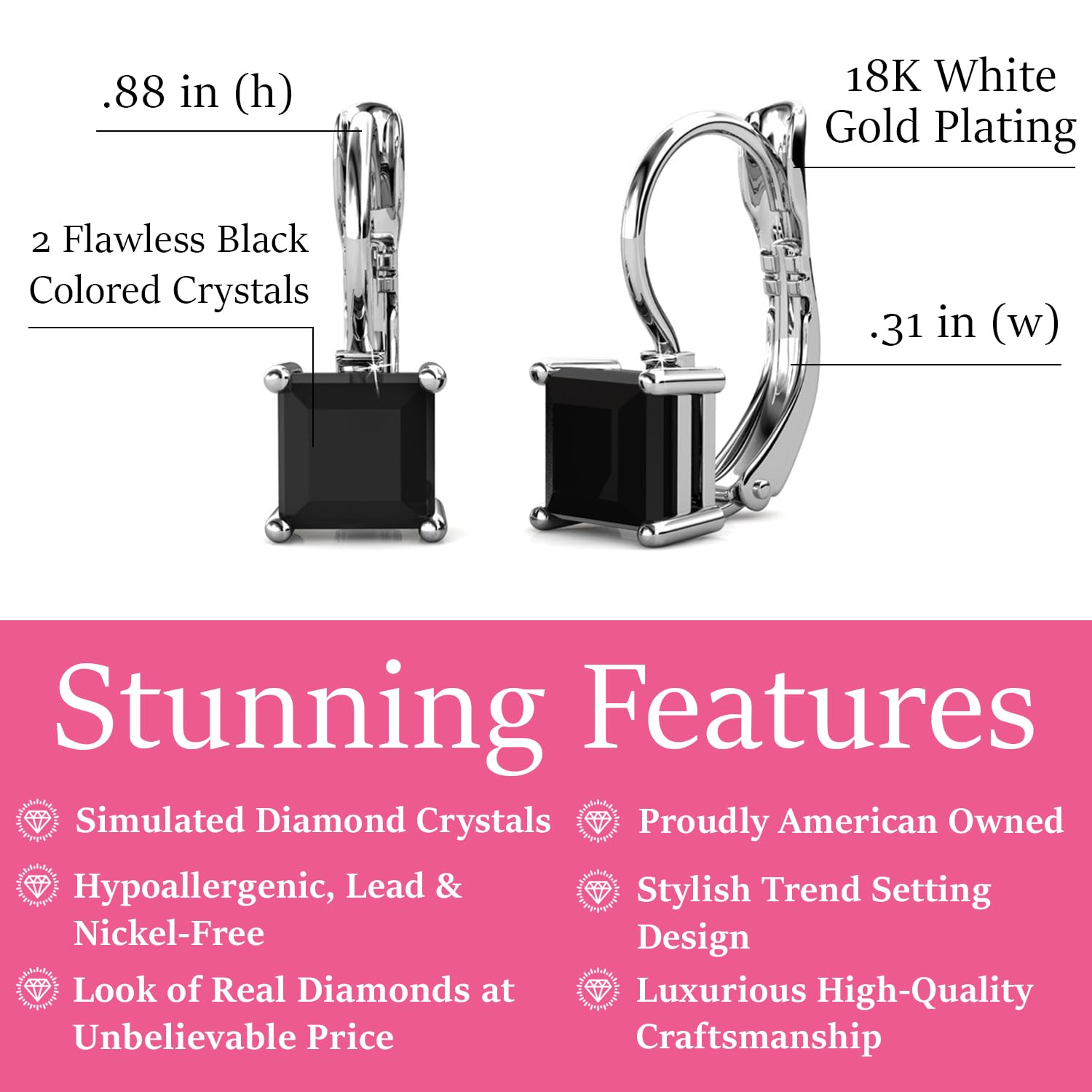 Cate & Chloe Samantha 18k White Gold Plated Drop Earrings | Women's Drop & Dangle Earrings with Black Crystals, Silver Earrings For Women, Hypoallergenic Earring Set, Jewelry Gift for Her