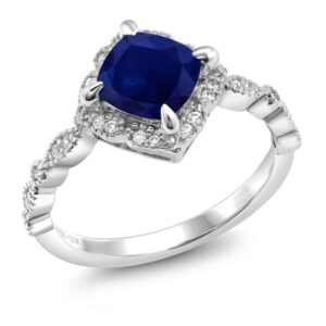 Gem Stone King 925 Sterling Silver Blue Sapphire and Moissanite Solitaire Ring For Women (2.34 Cttw, Cushion Cut 7MM, Gemstone, Available in Size 5, 6, 7, 8, 9)