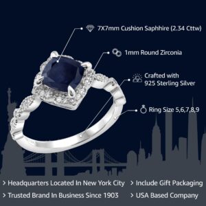 Gem Stone King 925 Sterling Silver Blue Sapphire and Moissanite Solitaire Ring For Women (2.34 Cttw, Cushion Cut 7MM, Gemstone, Available in Size 5, 6, 7, 8, 9)