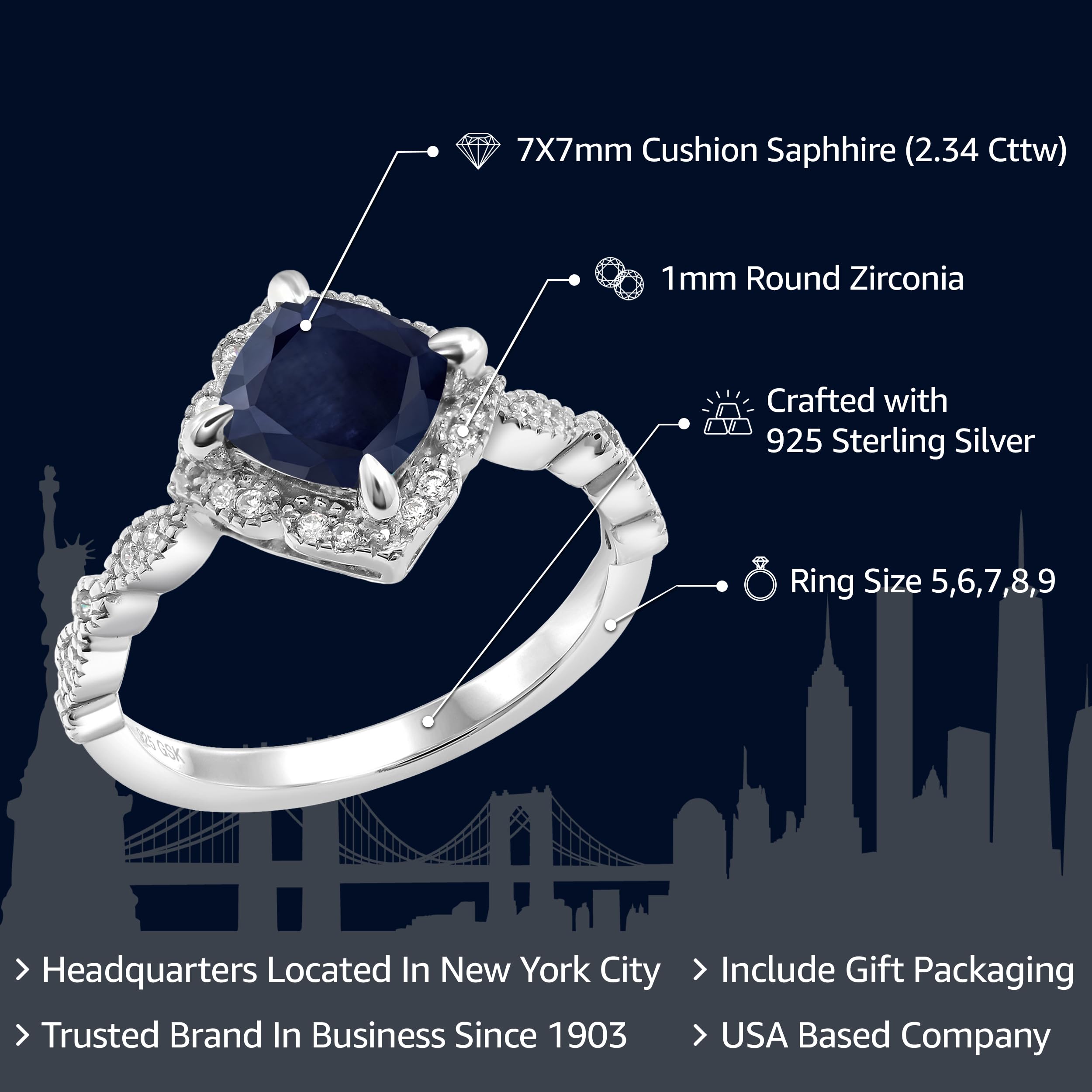 Gem Stone King 925 Sterling Silver Blue Sapphire and Moissanite Solitaire Ring For Women (2.34 Cttw, Cushion Cut 7MM, Gemstone, Available in Size 5, 6, 7, 8, 9)