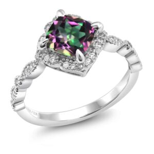 gem stone king 925 sterling silver green mystic topaz and moissanite engagement ring | 2.04 cttw | cushion cut 7mm | wedding anniversary promise ring for women | available in size 5-9