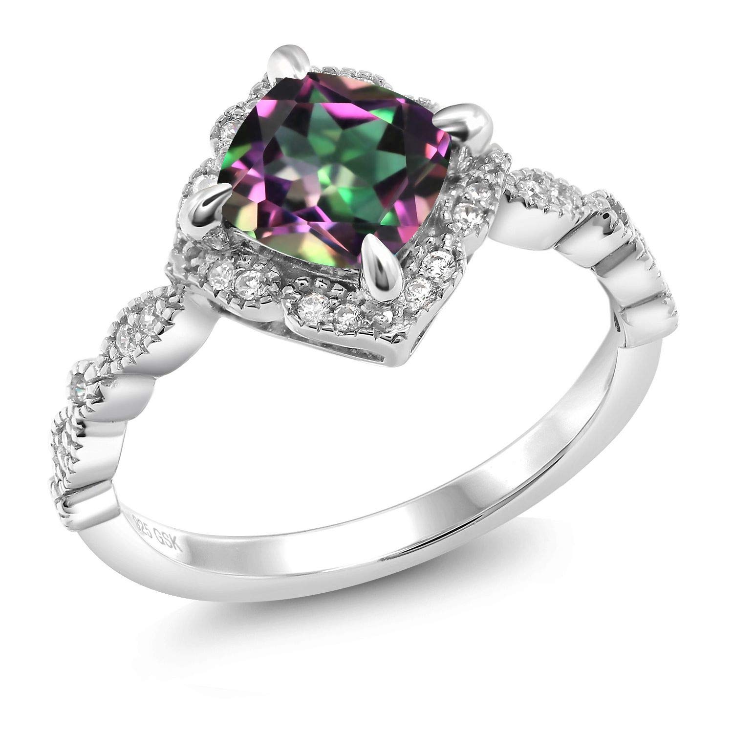 Gem Stone King 925 Sterling Silver Green Mystic Topaz and Moissanite Engagement Ring | 2.04 Cttw | Cushion Cut 7MM | Wedding Anniversary Promise Ring For Women | Available in Size 5-9