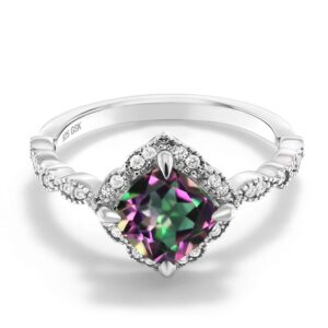 Gem Stone King 925 Sterling Silver Green Mystic Topaz and Moissanite Engagement Ring | 2.04 Cttw | Cushion Cut 7MM | Wedding Anniversary Promise Ring For Women | Available in Size 5-9