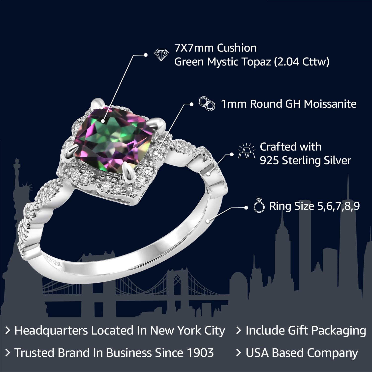 Gem Stone King 925 Sterling Silver Green Mystic Topaz and Moissanite Engagement Ring | 2.04 Cttw | Cushion Cut 7MM | Wedding Anniversary Promise Ring For Women | Available in Size 5-9