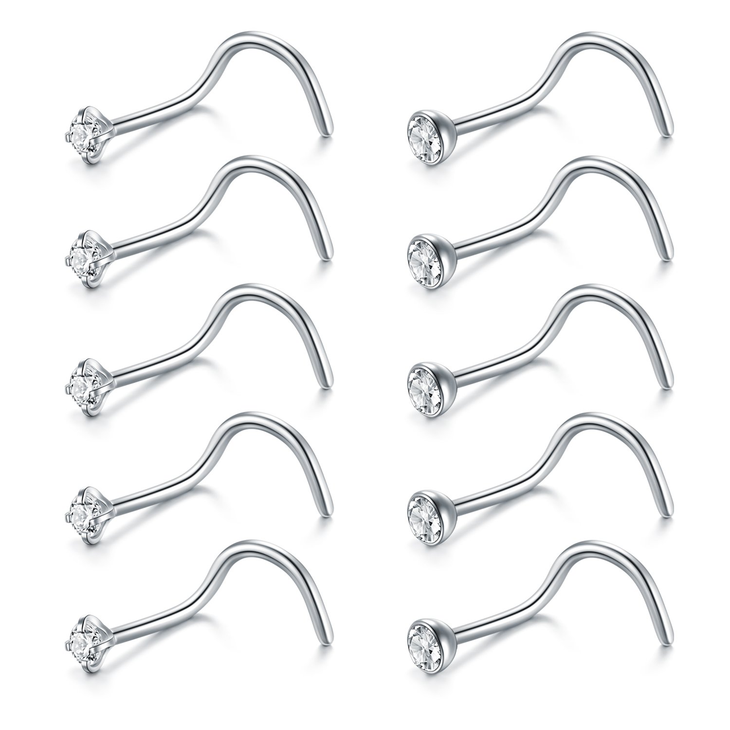 Briana Williams Nose Rings 10Pcs 20G Nose Screw Rings Studs Surgical Steel Sliver Piercing Jewelry 2mm Clear CZ