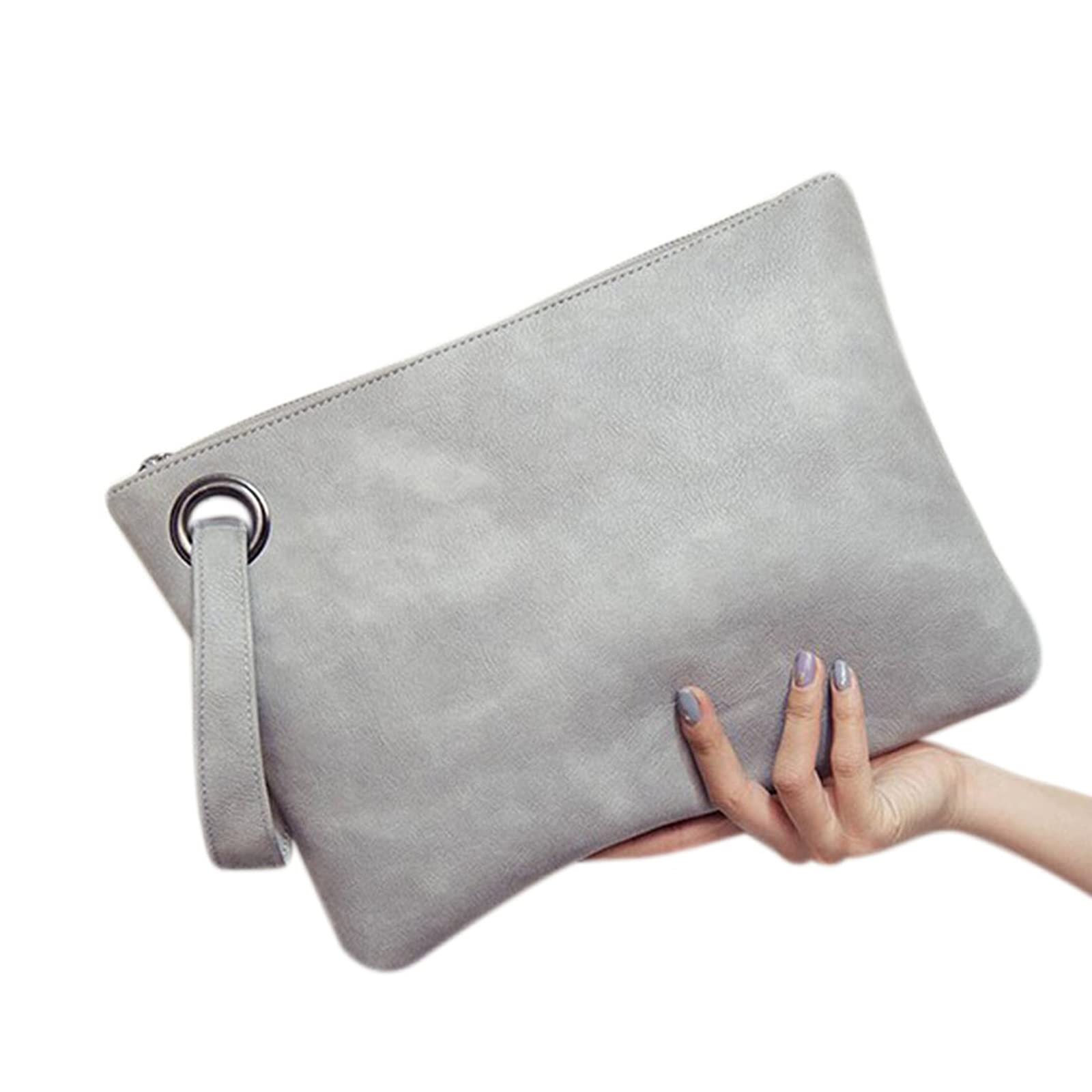 C.C-US Women Oversized Envelope Handbag Soft Leather Clutch Evening Bag Purse with Wrist Strap, Grey, One Size