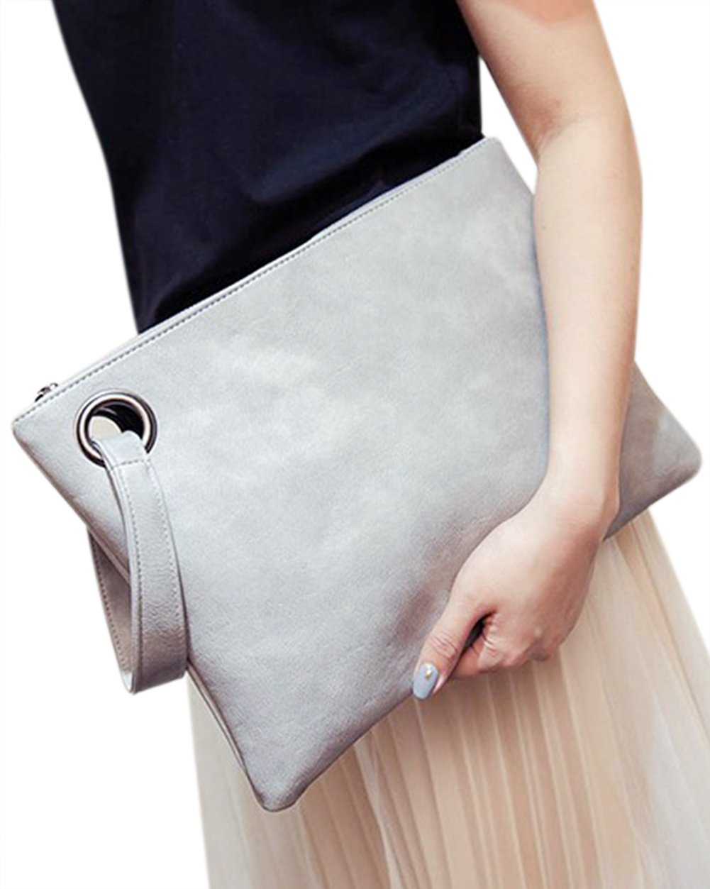 C.C-US Women Oversized Envelope Handbag Soft Leather Clutch Evening Bag Purse with Wrist Strap, Grey, One Size