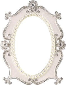 nerien vintage vanity tabletop mirror, metal oval decorative makeup mirror with stand, antique table cosmetic mirror, coquette countertop desk dresser mirror for home bedroom bathroom (white, m)