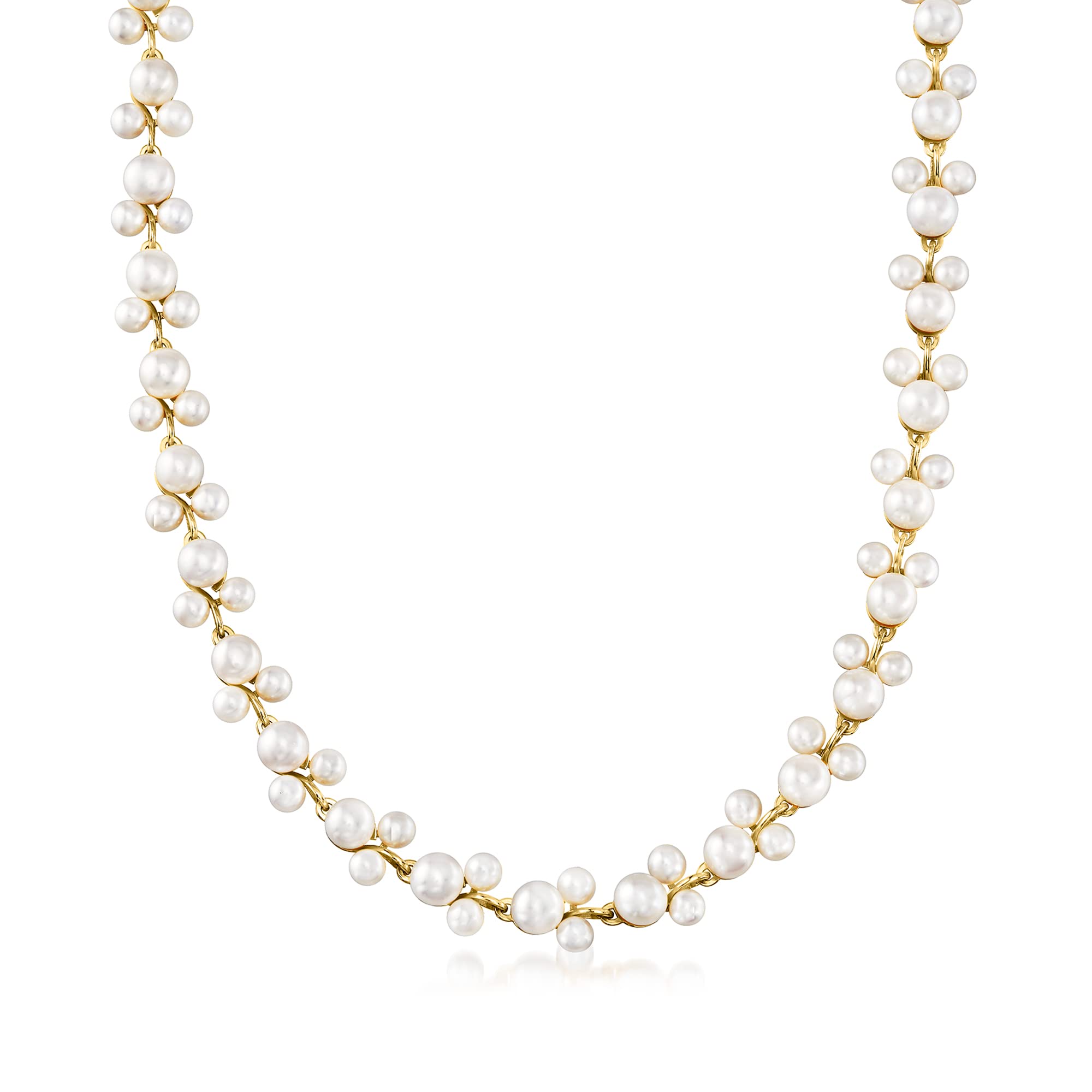 Ross-Simons 5-7.5mm Cultured Pearl Trio Vine Necklace in 18kt Gold Over Sterling. 18 inches