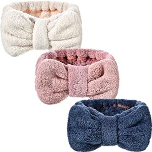 3 pieces towel headbands for women makeup headband for washing face makeup spa headband, microfiber bowtie shower headband for women(pink, blue, white)