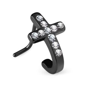 covet jewelry pave crystals cross 316l surgical steel l bend nose stud rings (black/clear)