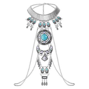 boho statement turquoise necklace crossover harness bikini waist belly sexy body chains for women (silver)