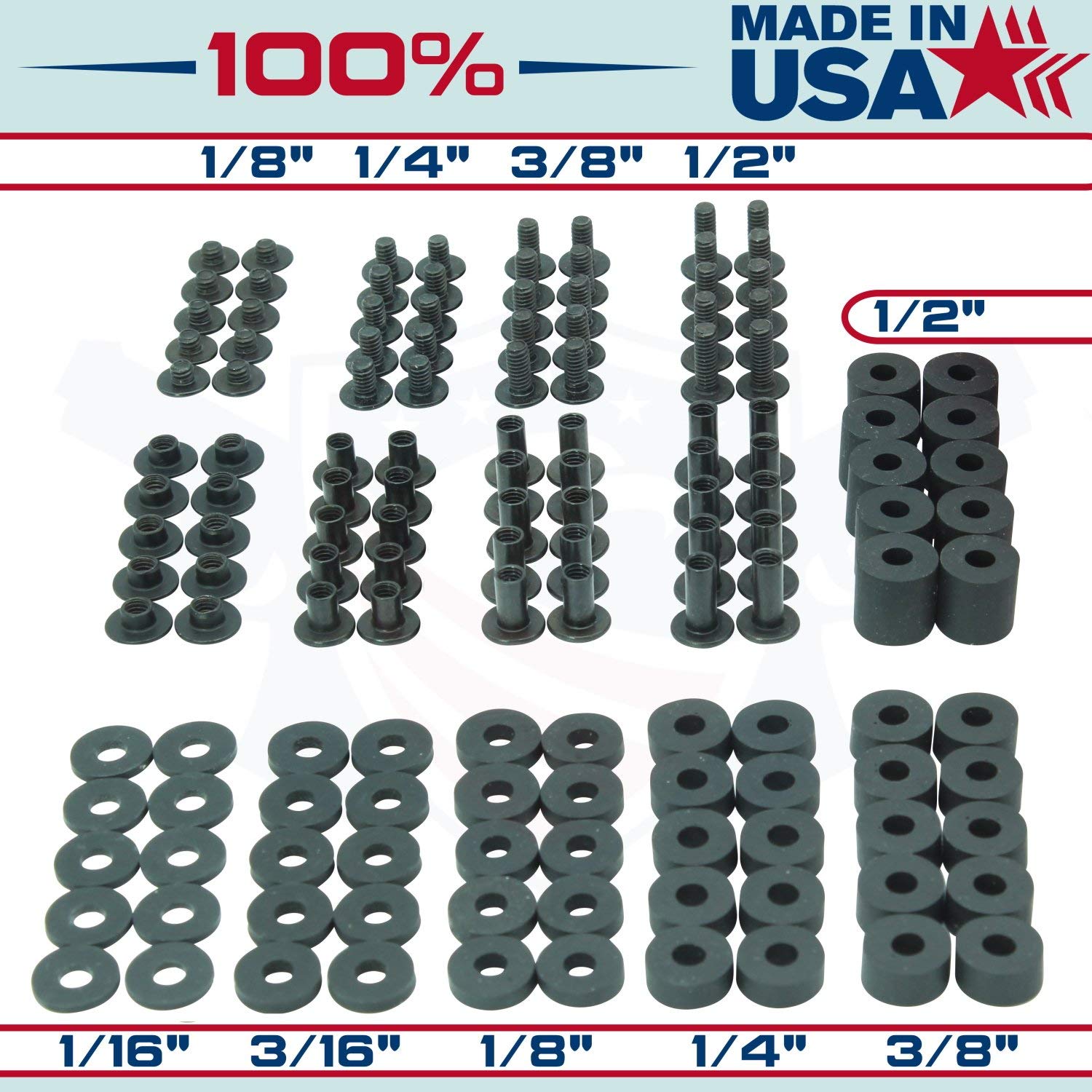 Black Chicago Screw - Thru Hole Binding Post Kit 1/8, 1/4, 3/8, 1/2 Inch Machine Screw Fasteners + Rubber Washers, QuickClipPro Kydex Leather Holster Sheath (1/8" - 10 Pack)