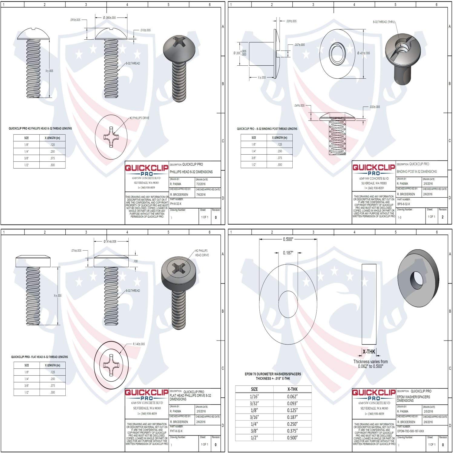 Black Chicago Screw - Thru Hole Binding Post Kit 1/8, 1/4, 3/8, 1/2 Inch Machine Screw Fasteners + Rubber Washers, QuickClipPro Kydex Leather Holster Sheath (1/8" - 10 Pack)