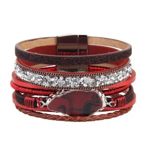 coolla braided wrap bracelet agate stone crystal leather cuff bangle women bracelet (red leather bracelet)