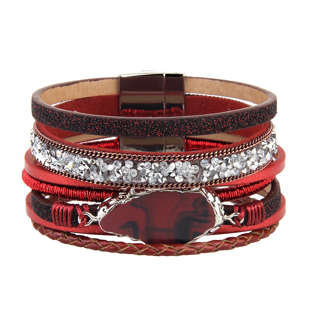 COOLLA Braided Wrap Bracelet Agate Stone Crystal Leather Cuff Bangle Women Bracelet (Red leather bracelet)