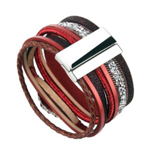 COOLLA Braided Wrap Bracelet Agate Stone Crystal Leather Cuff Bangle Women Bracelet (Red leather bracelet)