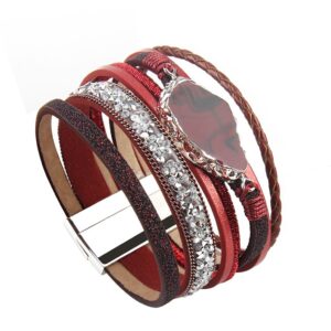 COOLLA Braided Wrap Bracelet Agate Stone Crystal Leather Cuff Bangle Women Bracelet (Red leather bracelet)