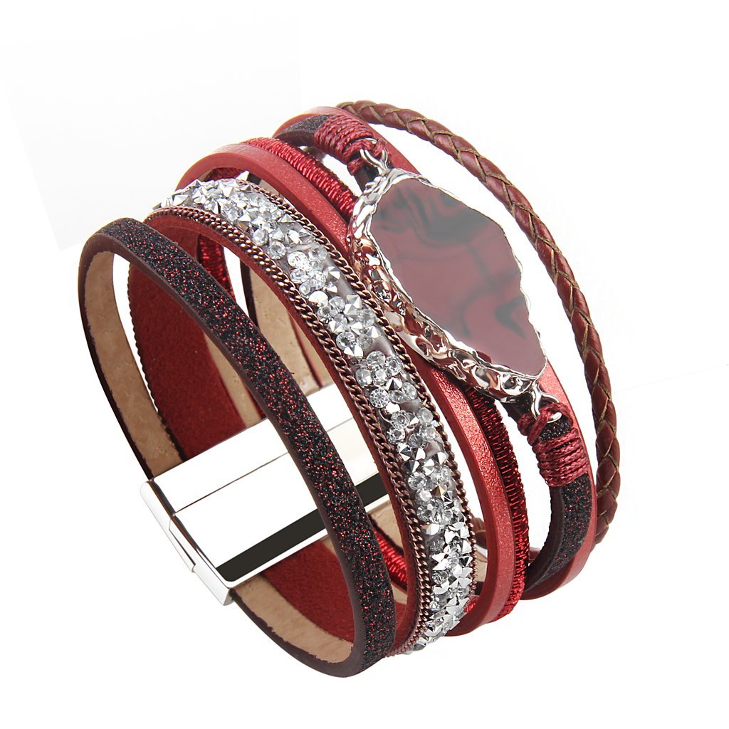 COOLLA Braided Wrap Bracelet Agate Stone Crystal Leather Cuff Bangle Women Bracelet (Red leather bracelet)