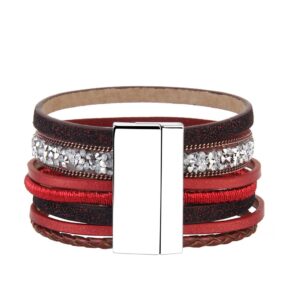 COOLLA Braided Wrap Bracelet Agate Stone Crystal Leather Cuff Bangle Women Bracelet (Red leather bracelet)