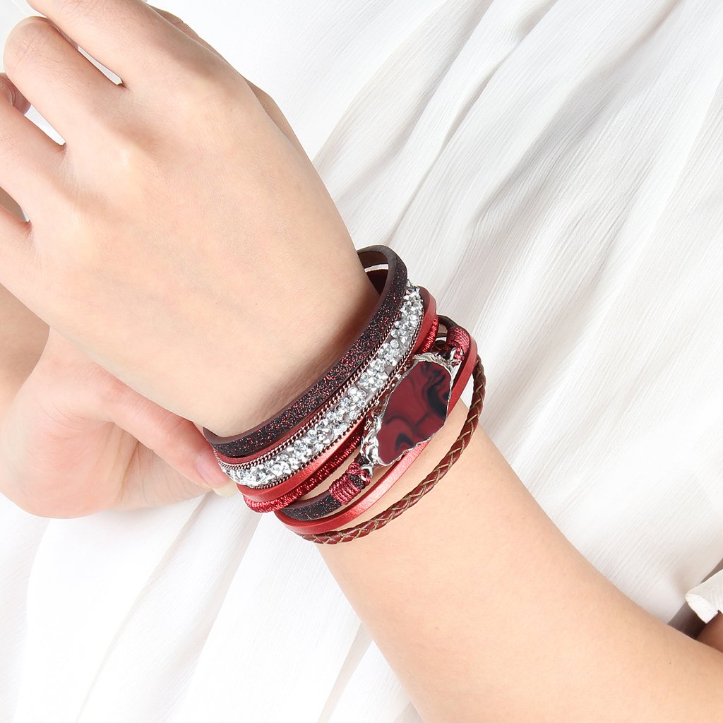 COOLLA Braided Wrap Bracelet Agate Stone Crystal Leather Cuff Bangle Women Bracelet (Red leather bracelet)