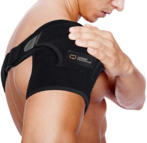 copper compression recovery shoulder brace - immobilizer for torn rotator cuff, ac joint pain relief, dislocation, arm stability, injuries, tears - adjustable fits men, women - black - one size