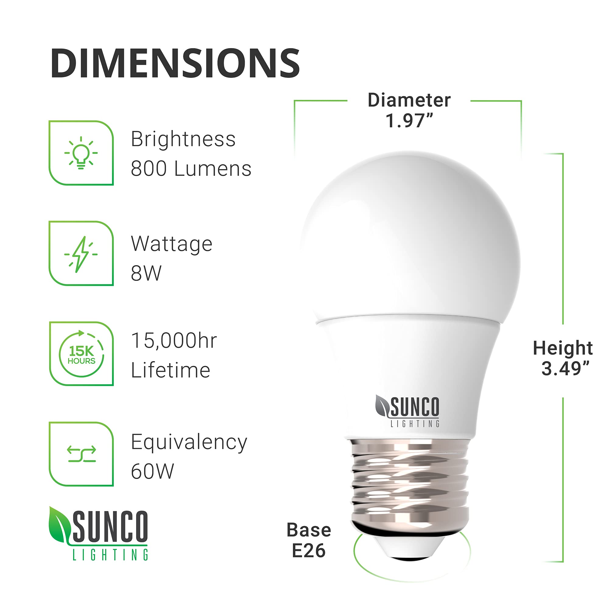 Sunco Lighting 10 Pack A15 LED Bulb Dimmable Refrigerator Appliance Bulbs 8W Equivalent 60W 3000K Warm White 800 LM, E26 Medium Base, Instant On, Super Bright, Indoor Outdoor Light - UL