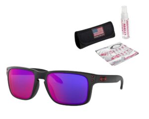 oakley holbrook sunglasses (matte black frame / positive red iridium lens) with usa flag lens cleaning kit