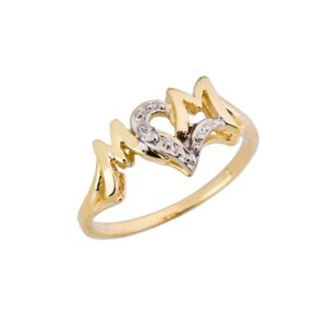 10k yellow gold diamond accented “mom” with heart shaped o statement ring (j-k color, i1-i2 clarity) - size 12