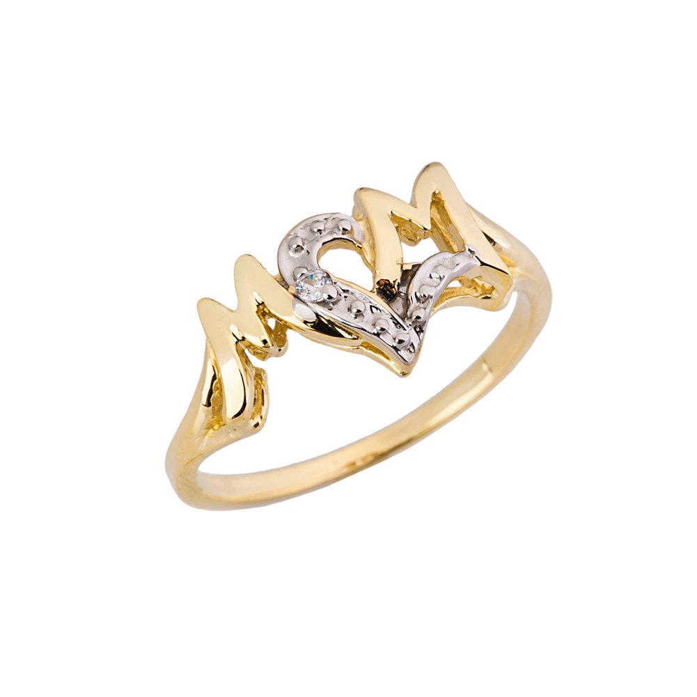 10K Yellow Gold Diamond Accented “MOM” with Heart Shaped O Statement Ring (J-K Color, I1-I2 Clarity) - Size 12