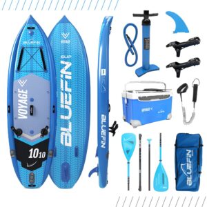 bluefin sup voyage 10’10 package with cooler box | ultimate activity stand up inflatable paddle board | added stability | 20% extra width | side rails | 2x fishing rod mounts | 5 year warranty