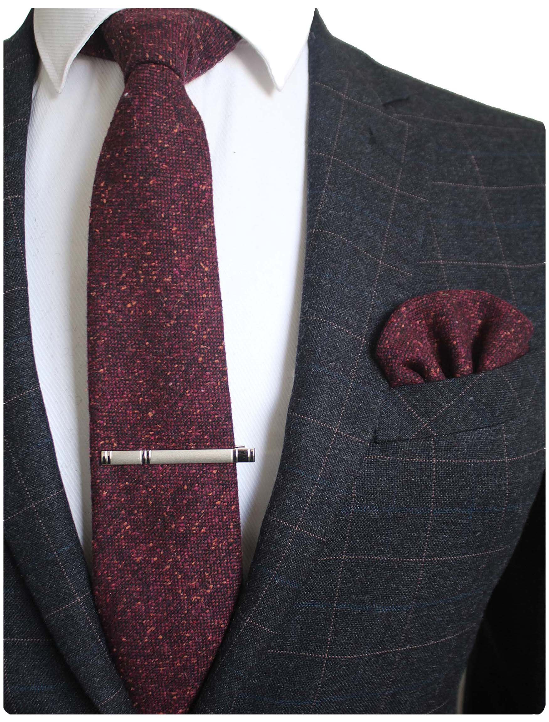 JEMYGINS Burgundy Cashmere Wool Necktie and Pocket Square, Hankerchief and Tie Clip Sets for Men (4)